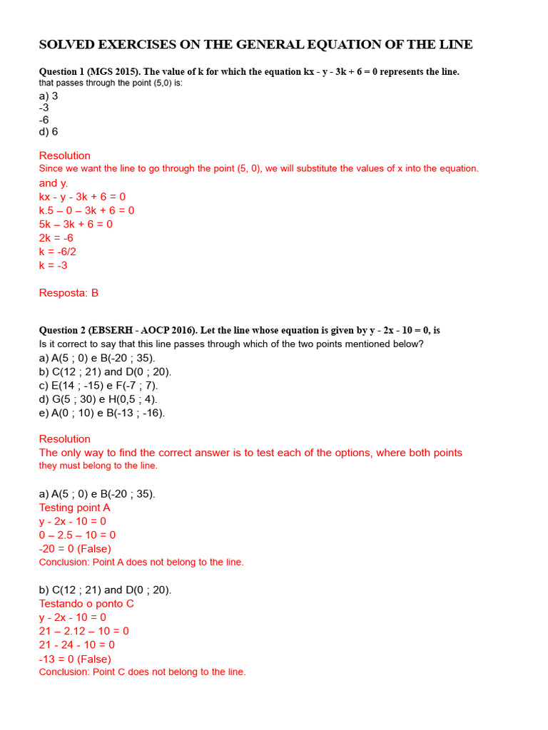 General Equation of the Line Exercises | PDF | Mathematical Objects ...