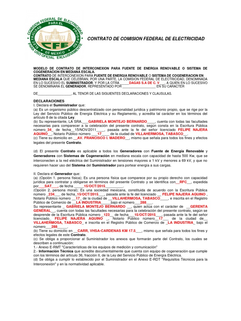 Contrato CFE Interconexión Renovable | PDF | Generador eléctrico ...
