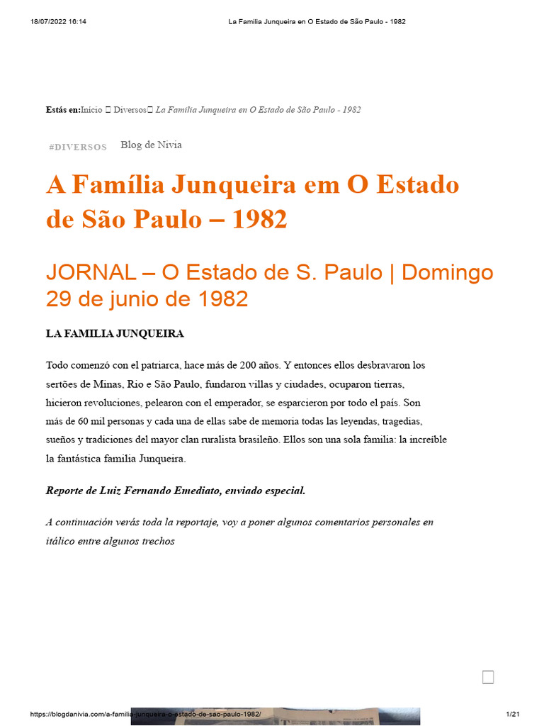 La Familia Junqueira en El Estado de São Paulo - 1982 | PDF