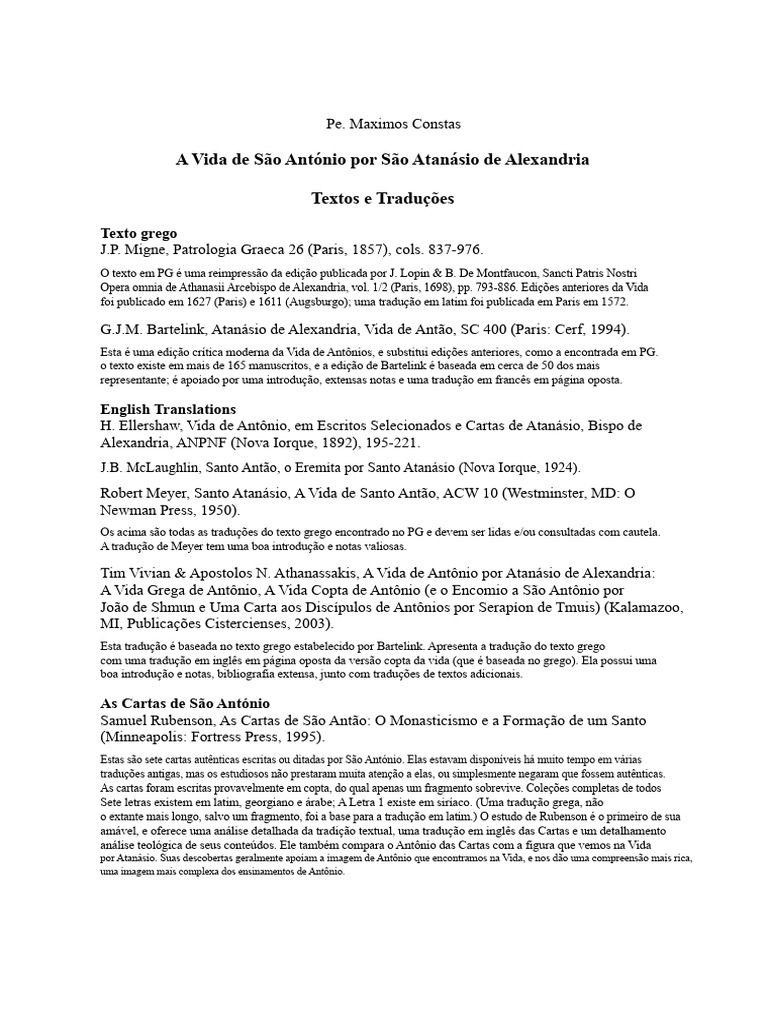 Vida_de_Antônio_Textos_e_Traduções | PDF | Atanásio de Alexandria ...
