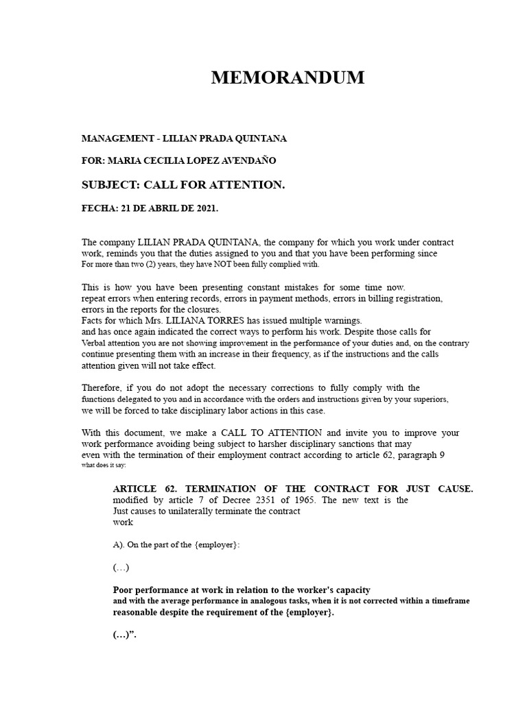 Memorandum With A Warning For Low Work Performance. Cecilia Lopez | PDF