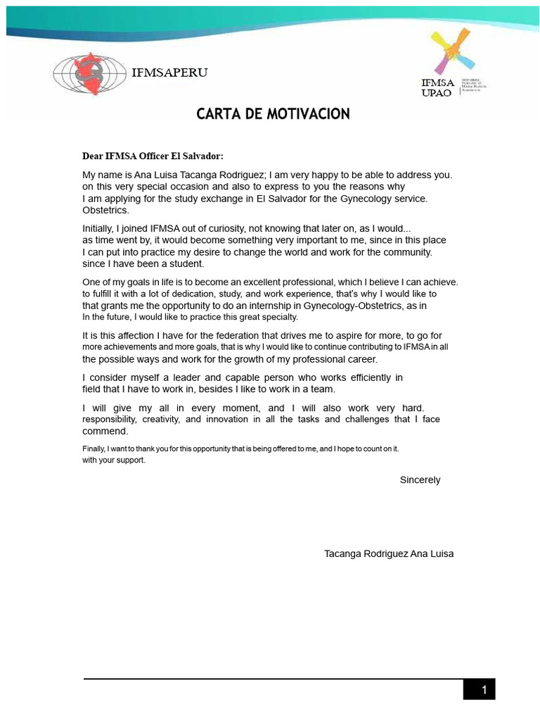Motivation Letter for Gynecology Exchange | PDF | Social Psychology ...