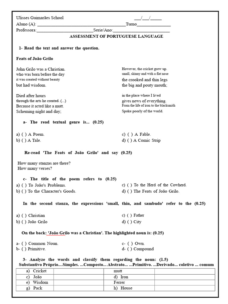Portuguese Language Assessment: João Grilo | PDF | Consonant | Grammar