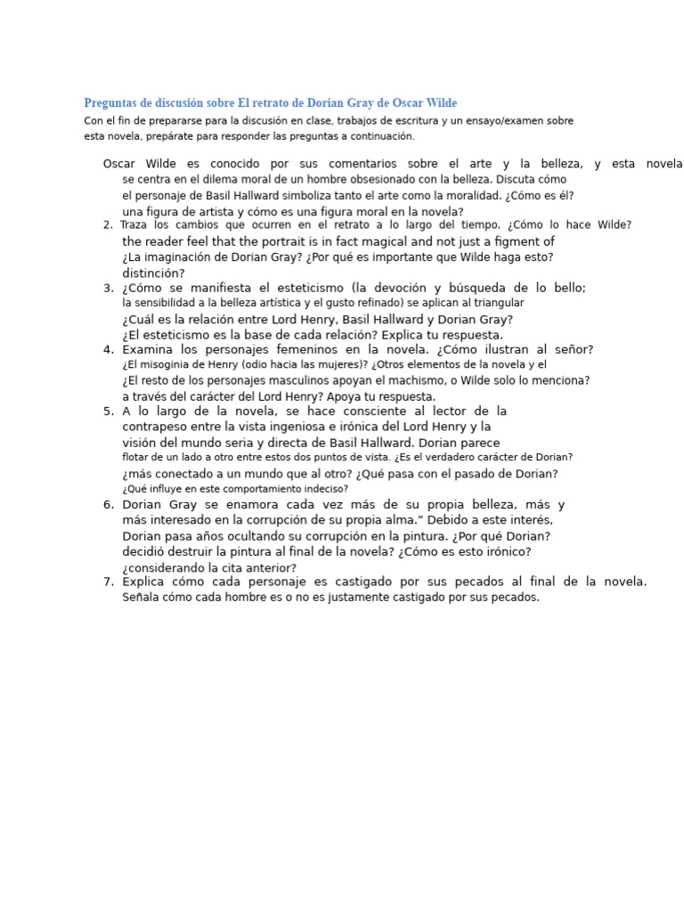 Preguntas de discusión sobre Dorian Gray | PDF | La imagen de Dorian Gray