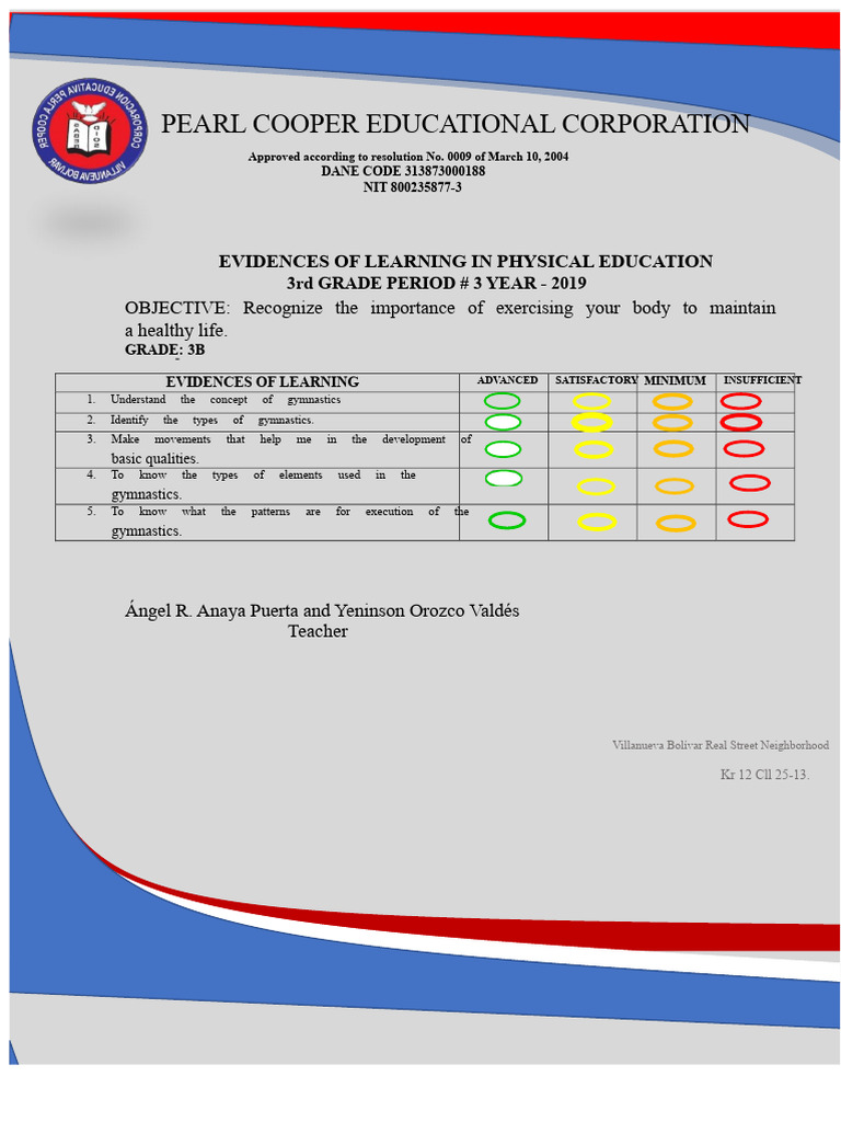 3rd Grade Physical Education Learning Evidence | PDF