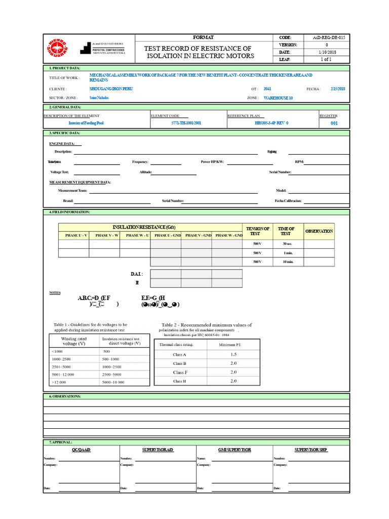 AiD-REG-DE-015 - Test Register For Insulation Resistance in Electric ...