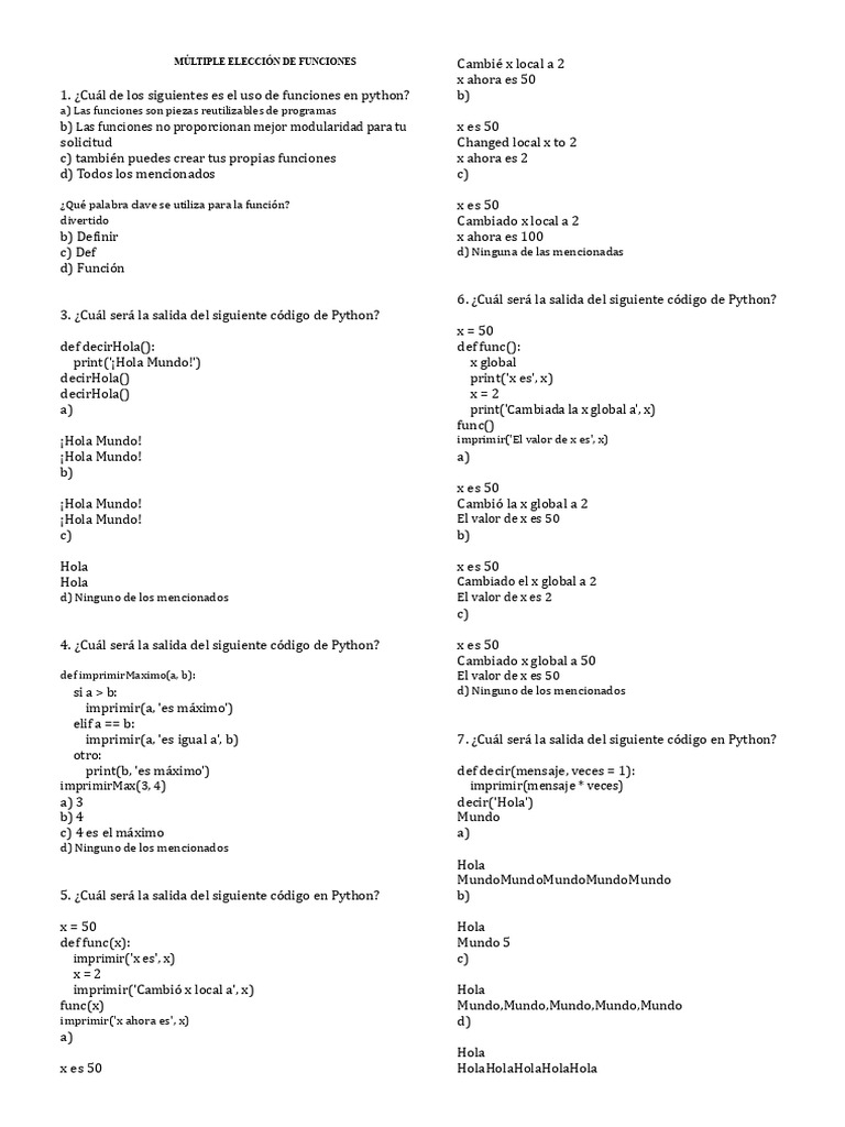 FUNCIONES MCQ | PDF | Python (lenguaje de programación) | Programación ...