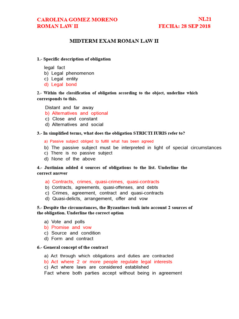 Roman Law II Midterm Exam Guide | PDF | Roman Law | Common Law