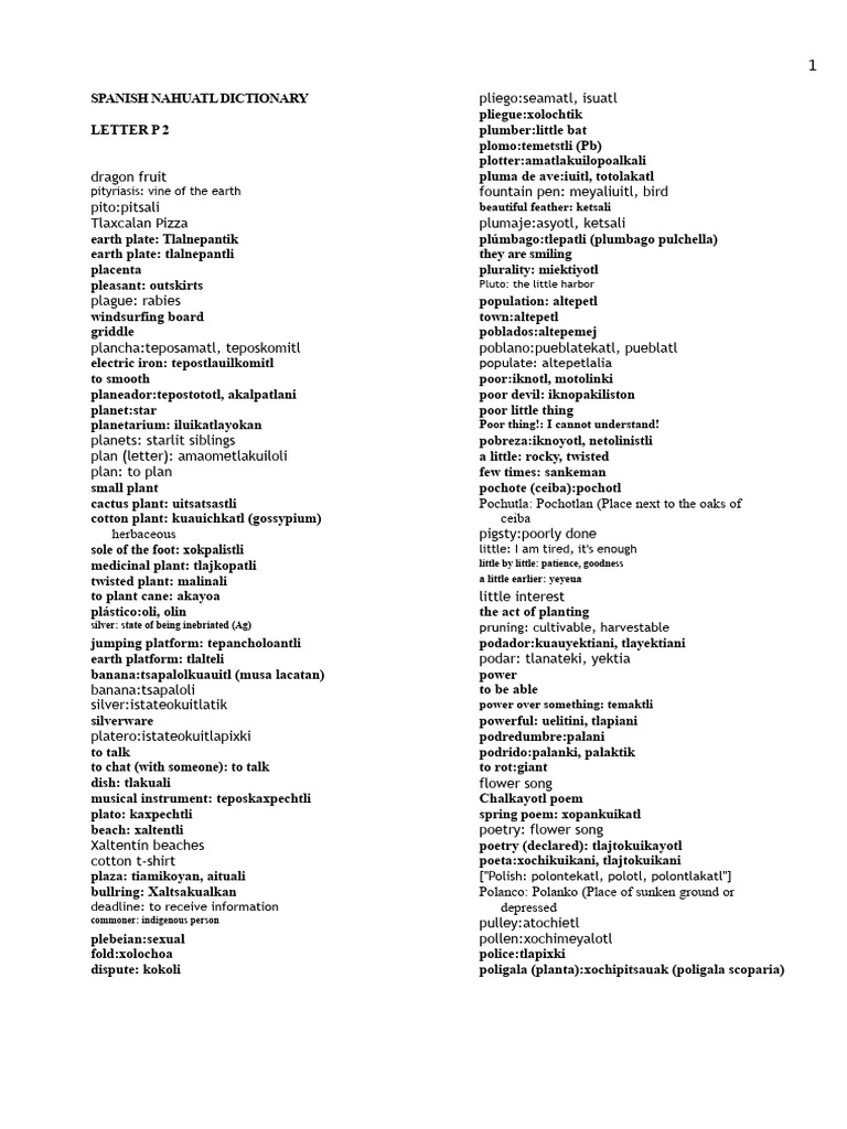Spanish Nahuatl Dictionary: Letter P | PDF