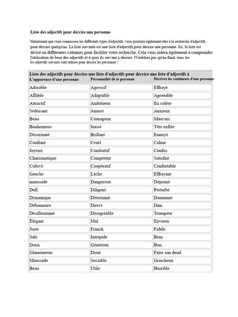 Adjectifs pour décrire une personne | PDF | Psychologie | Sciences ...
