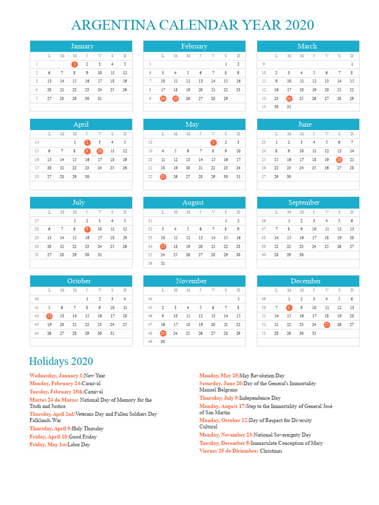 Argentina Calendar Year 2020 - Printable Version | PDF | Observances