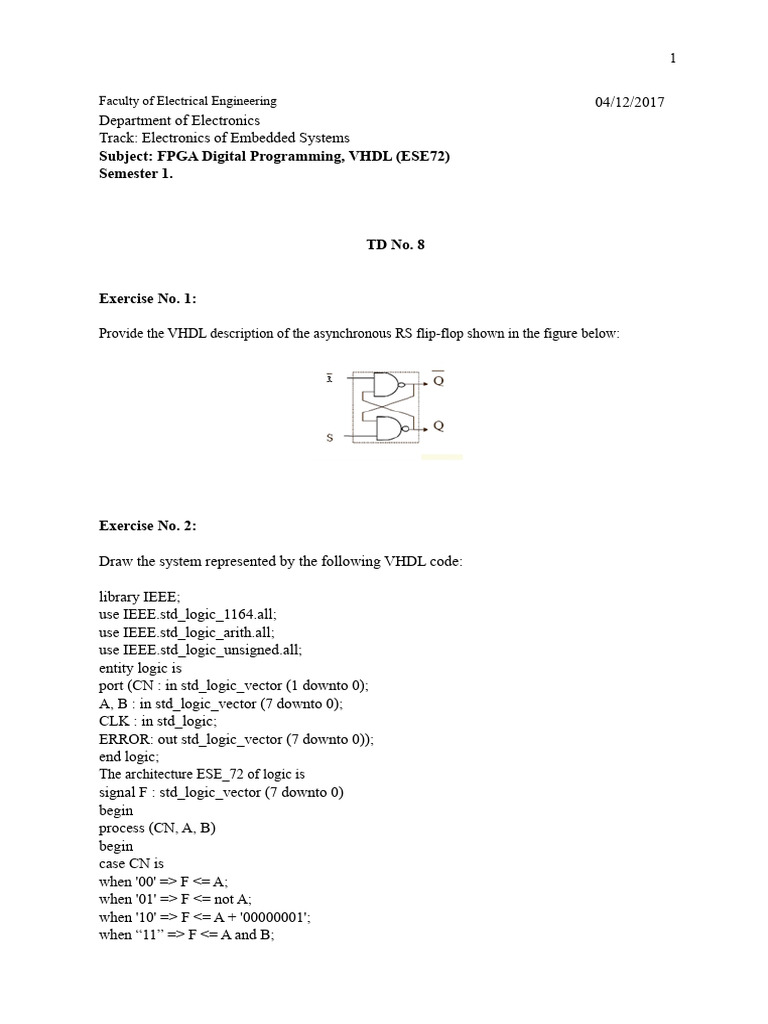 VHDL Exercises for FPGA Programming | PDF