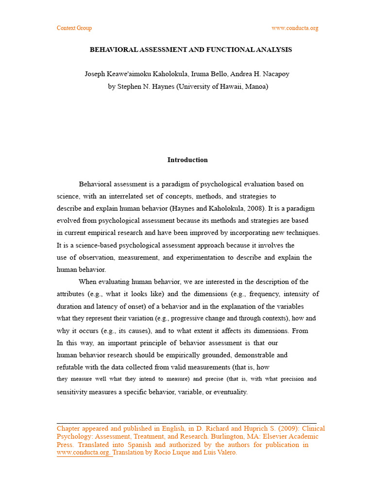 Haynes Behavioral Evaluation and Functional Analysis | PDF ...