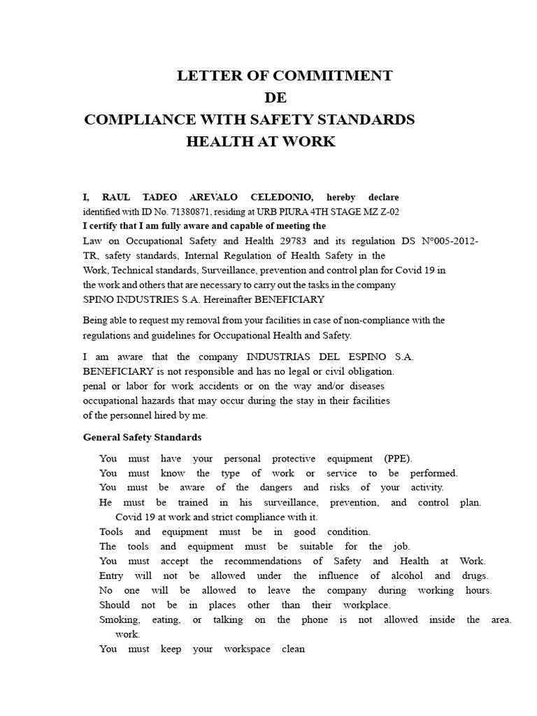 Letter of Commitment To Comply With The Regulations - RAUL AREVALO ...