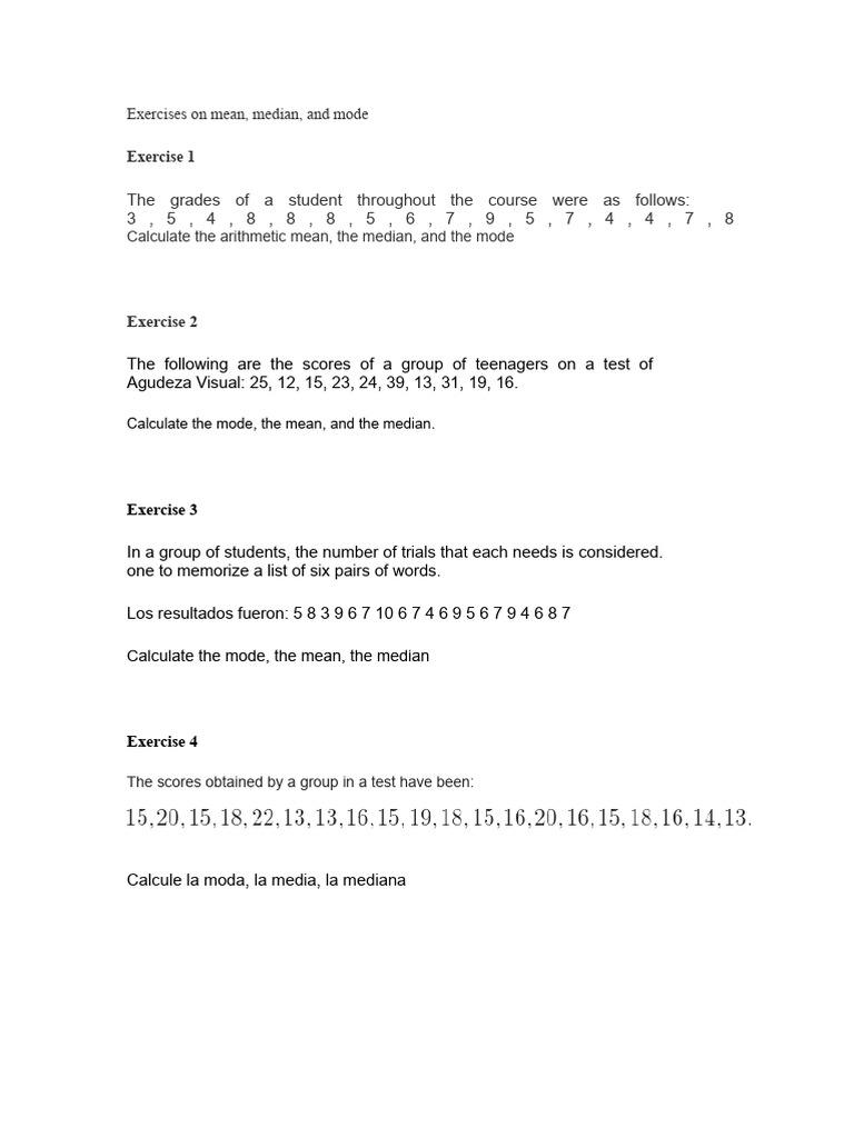Mean, Median, Mode Exercises | PDF