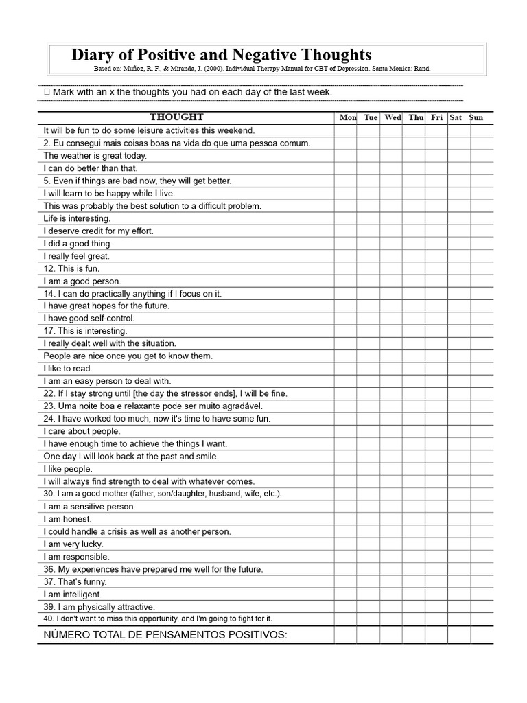 Diary of Positive and Negative Thoughts | PDF | Psychological Concepts ...