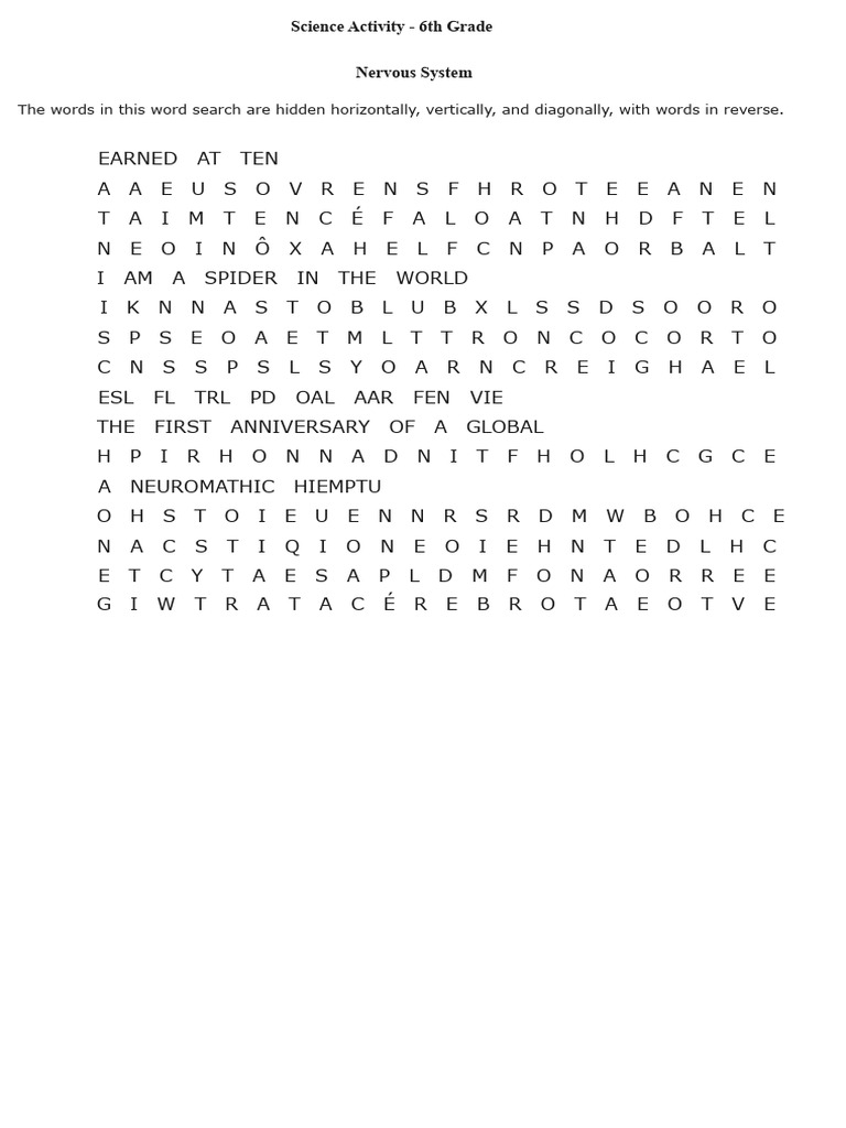 Nervous System - Print Word Search | PDF | Nervous System | Nerve