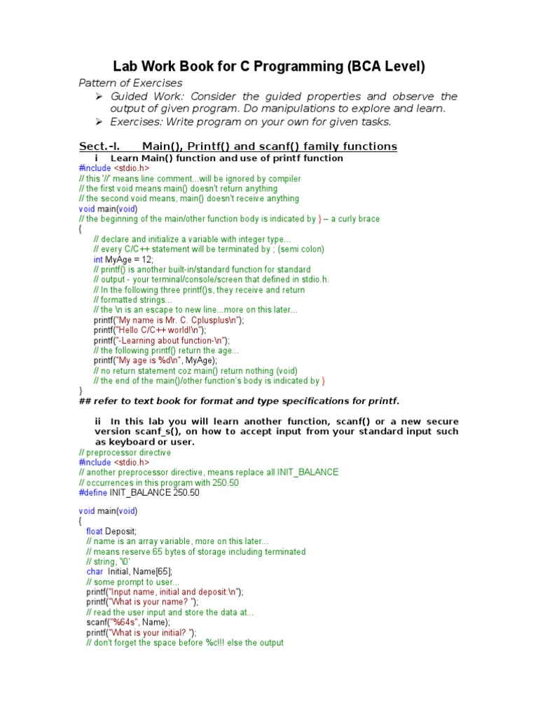 Lab Work Book For C Programming Pdf Parameter Computer Programming 5353