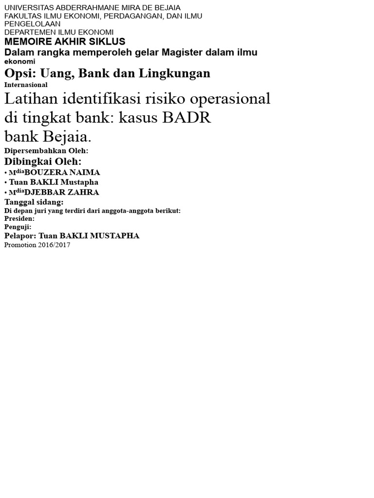 Memo;Latihan identifikasi risiko operasional di tingkat bank | PDF