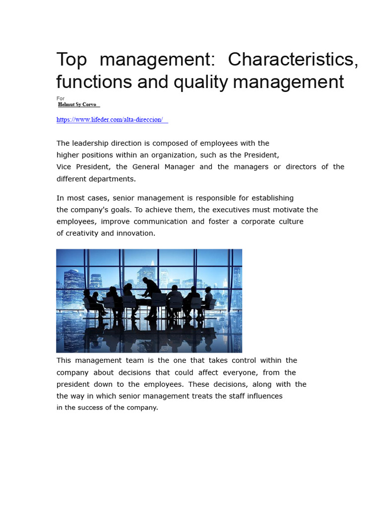 Top Management. Characteristics, Functions, and Quality Management ...