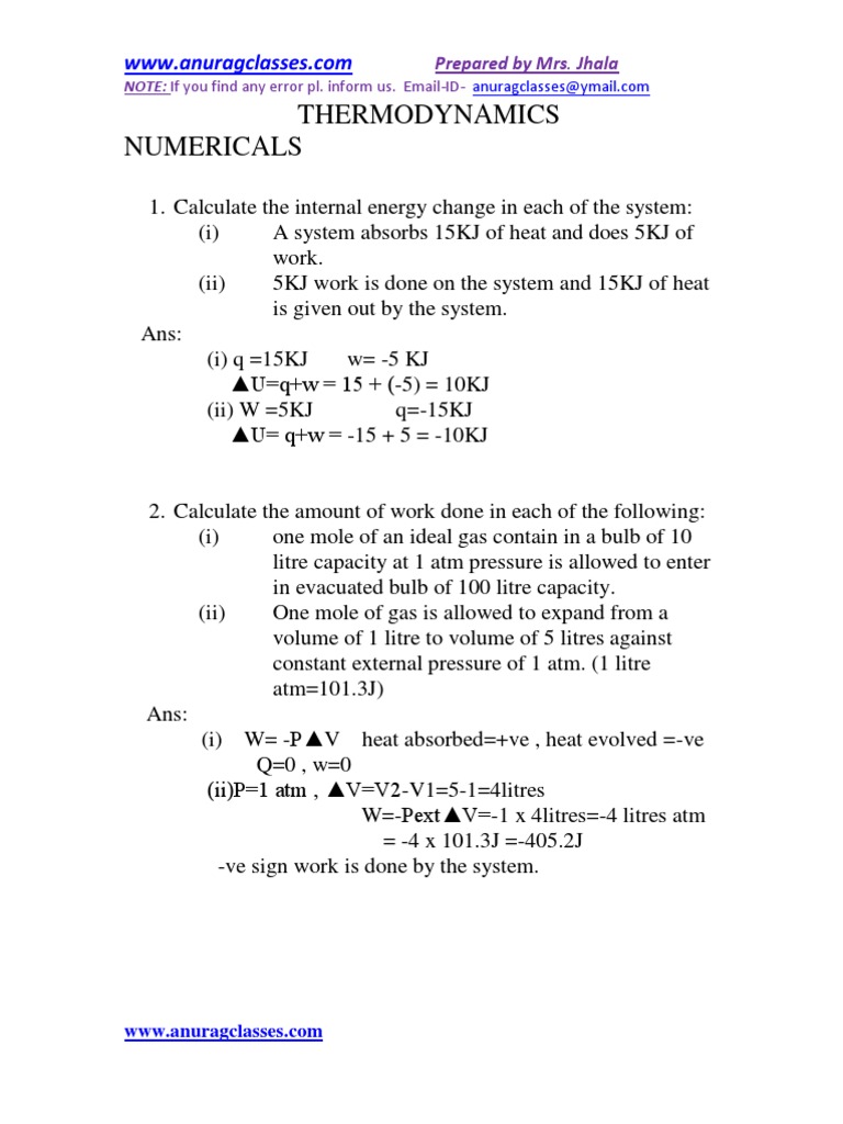 Class 11 Thermodynamics Numericals | PDF | Heat | Enthalpy
