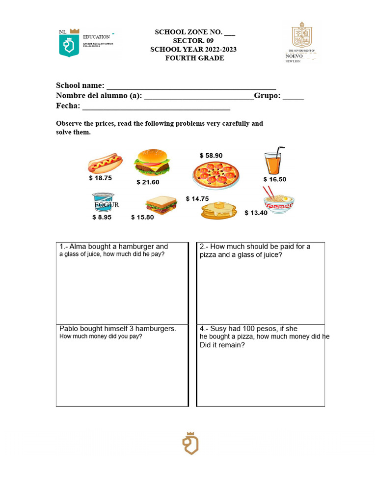 Fourth Grade Math Problem Worksheet | PDF | Mathematics