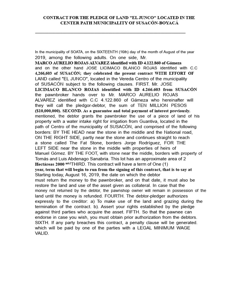 Land Pledge Contract "El Junco" Susacón | PDF | Pawnbroker | Personal ...