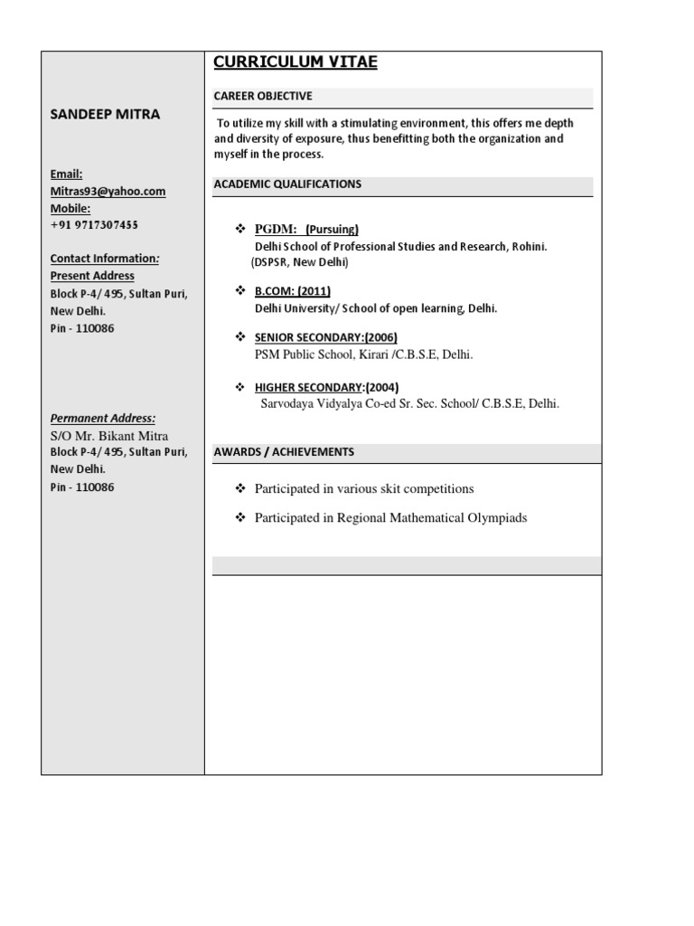 Sandeep Mitra's Curriculum Vitae | PDF