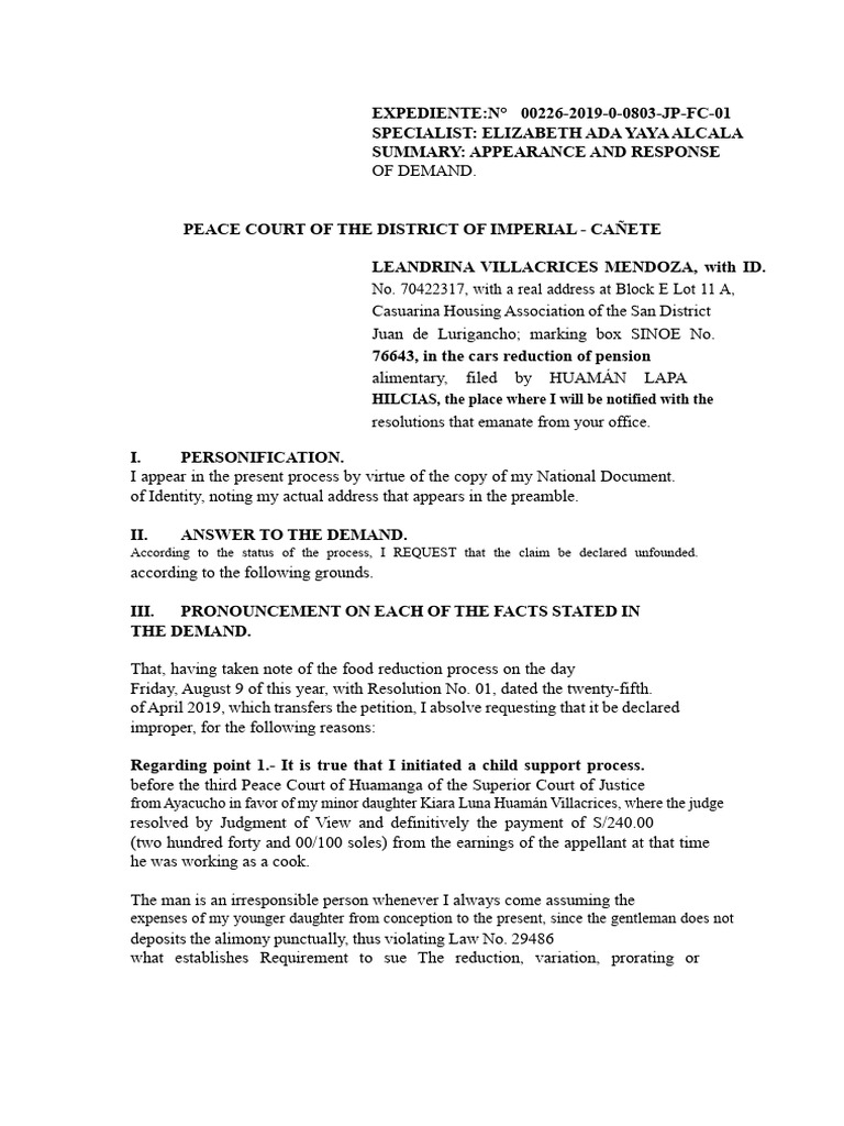 ANSWER TO THE DEMAND FOR REDUCTION | PDF | Child Support | Alimony