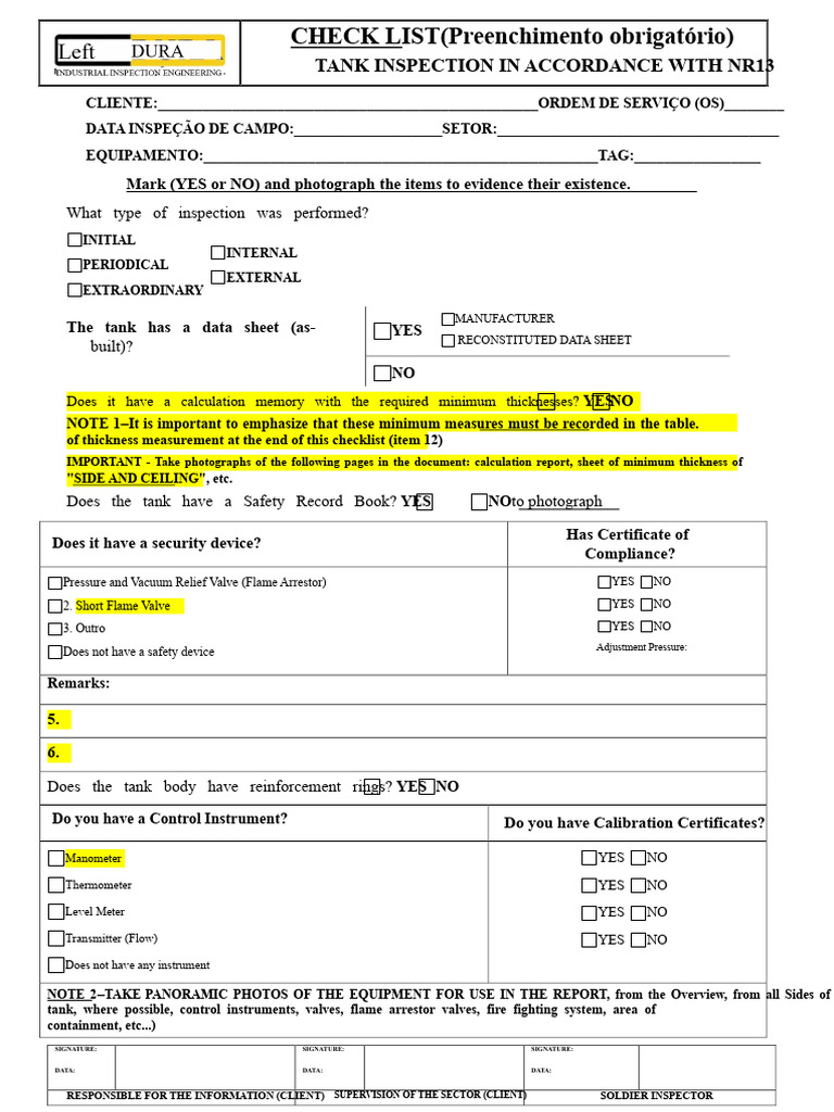 NR13 Tank Inspection Checklist | PDF | Calibration | Mechanical Engineering