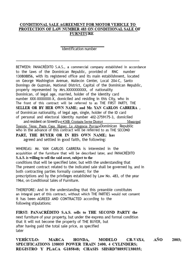 Conditional Sale Agreement for Vehicle | PDF | Sales | Prices