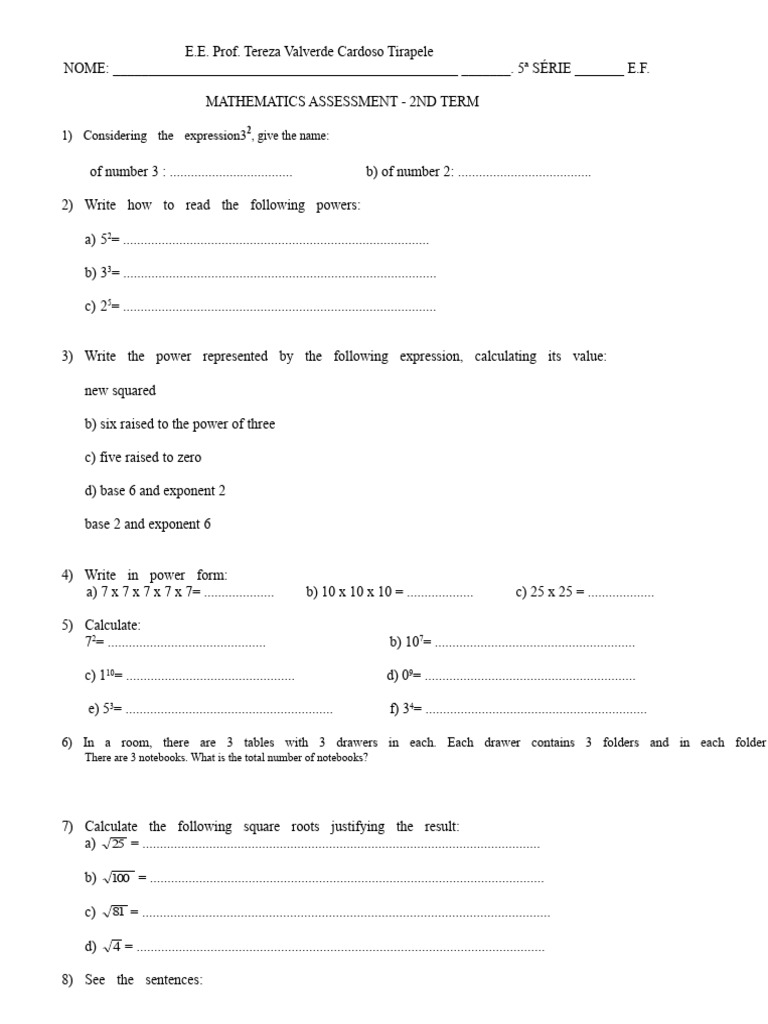 Assessment of Exponents - 5th Grade | PDF | Exponentiation | Mathematics