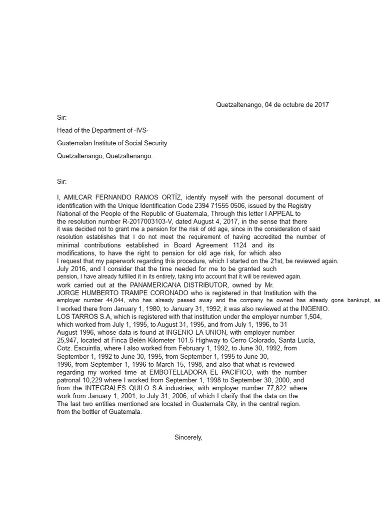 Letter Pension Igss Amilcar Fernando Ramos Ortíz | PDF | Justice ...