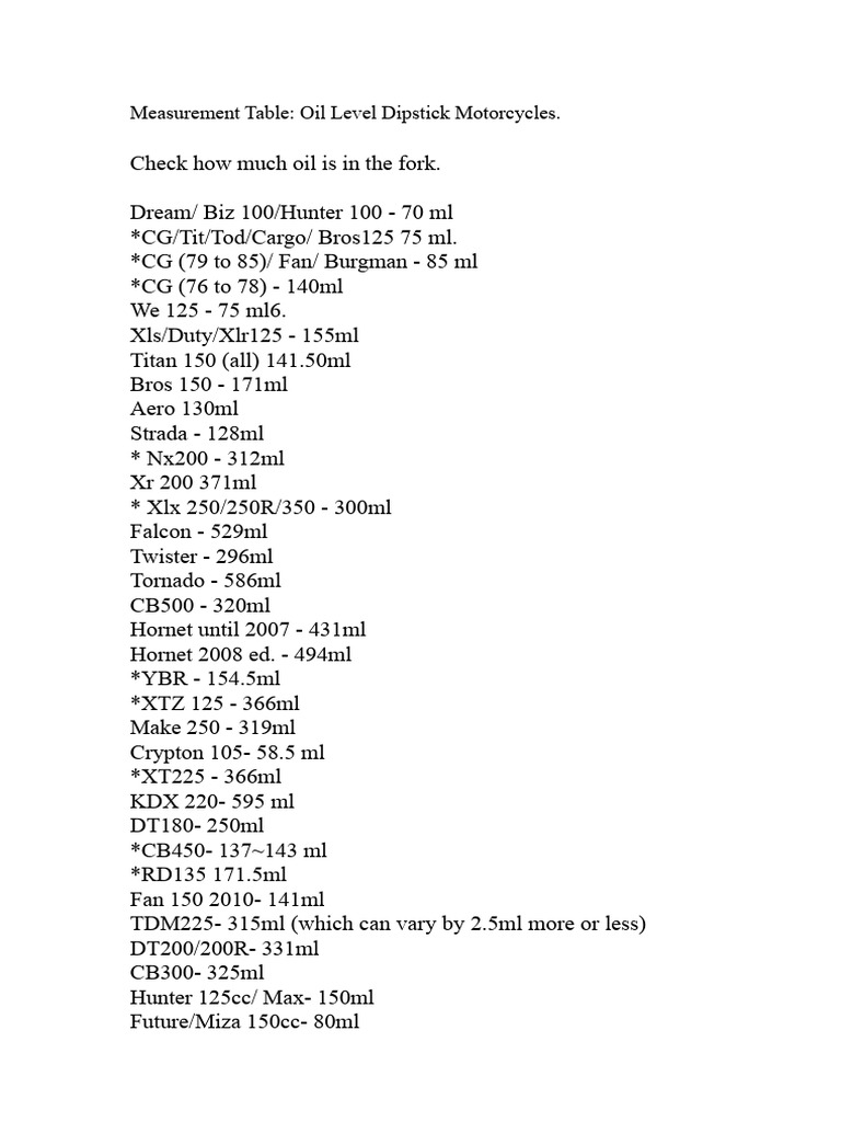 Bengal Oil Level Table For Motorcycles | PDF