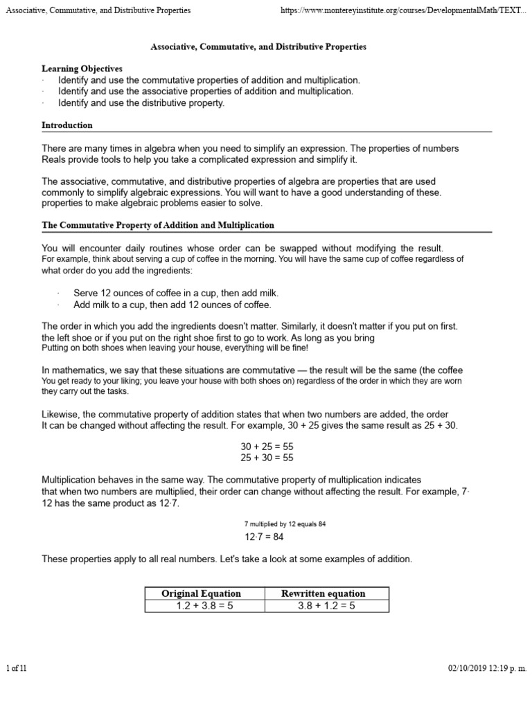Algebra Properties: Commutative, Associative, Distributive | PDF ...