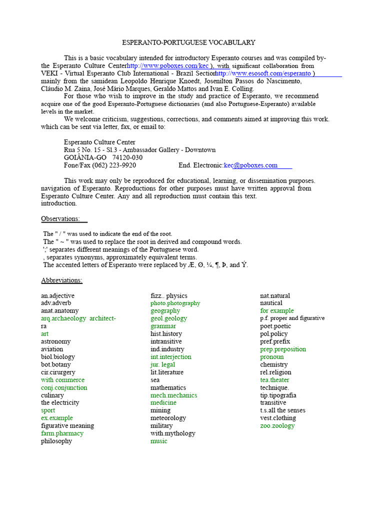 Esperanto-Portuguese Dictionary | PDF