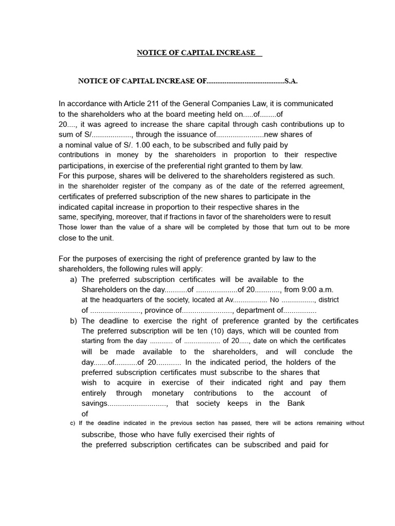 Notice of Capital Increase | PDF | Subscription Business Model | Economies