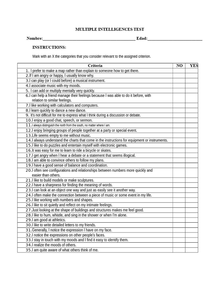Multiple Intelligences Assessment Test | PDF | Cognition | Cognitive ...