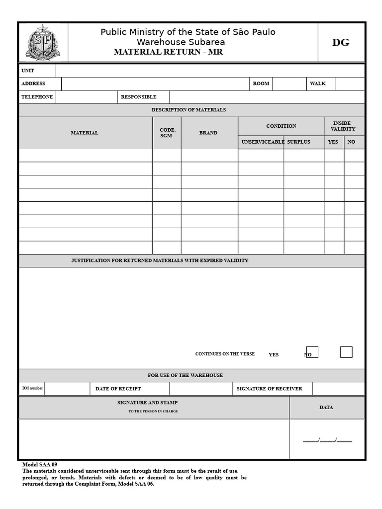 Form SAA 09 - Return of Materials | PDF