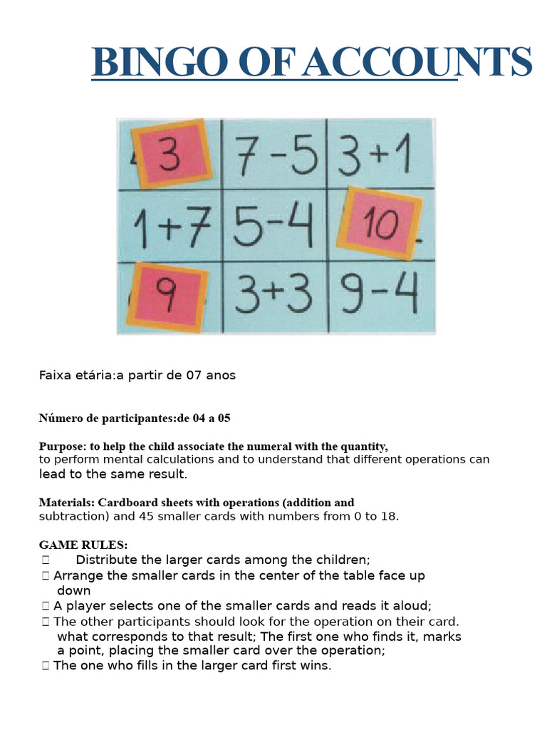 Account Bingo - Addition and Subtraction | PDF
