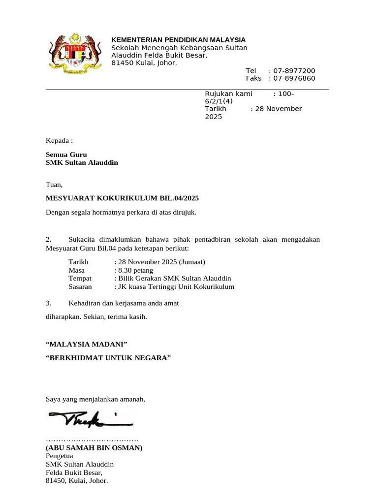 Surat Panggilan Mesyuarat Kokurikulum Bil 04 | PDF