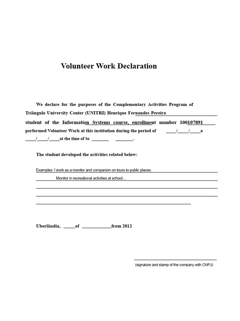 Declaration of Volunteer Work | PDF