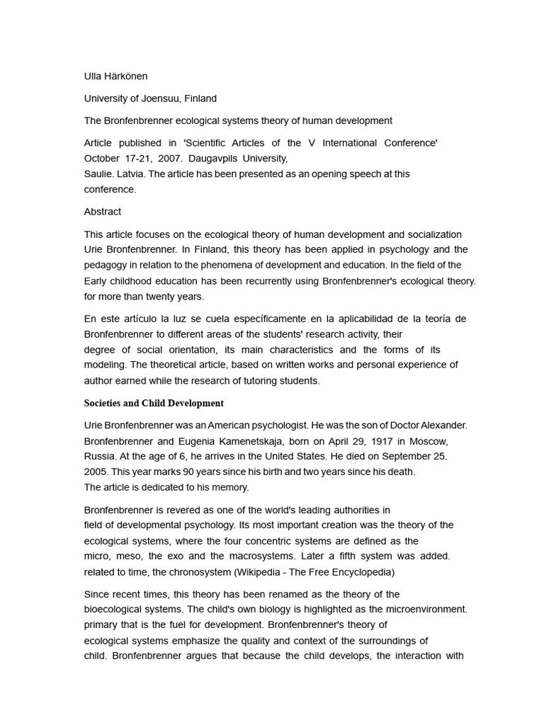Bronfenbrenner's Ecological Theory Explained | PDF | Behavioural ...
