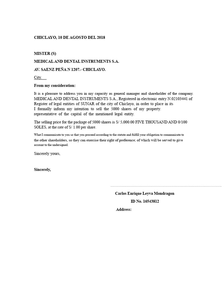 Letter of Share Transfer Mr. Carlos Leyva Chiclayo | PDF