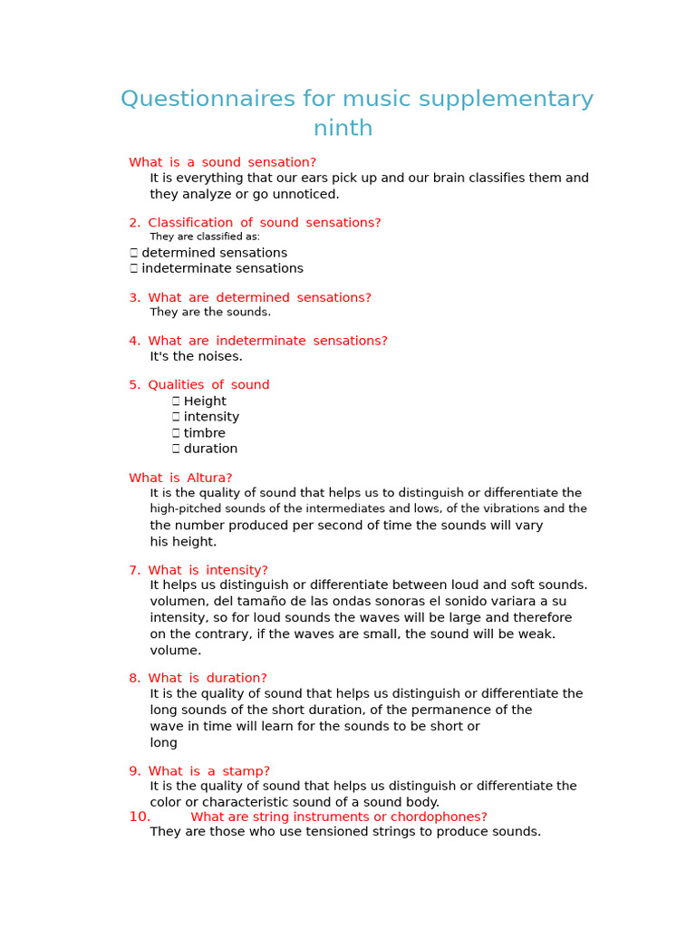 Music Questionnaires 8 9 10 | PDF | String Instruments | Sound