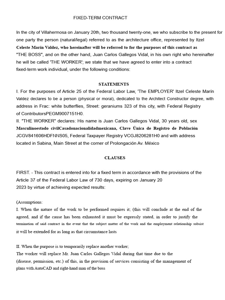 FIXED-TERM CONTRACT Completed Filling Out | PDF | Labour Law | Salary