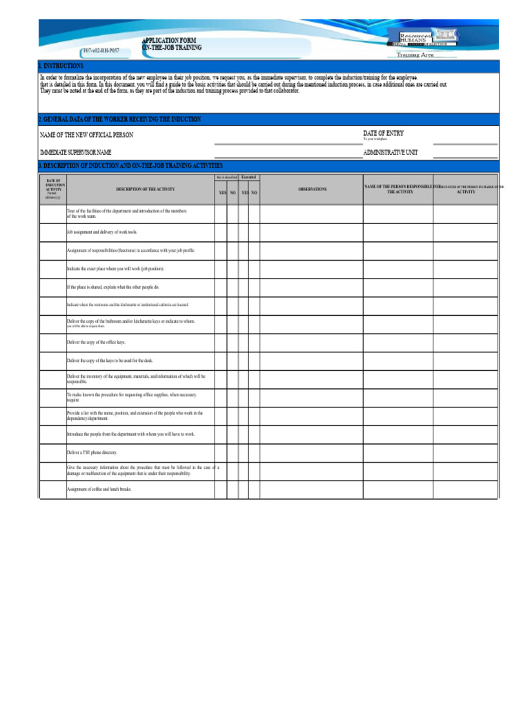 On The Job Training Format Pdf Computing