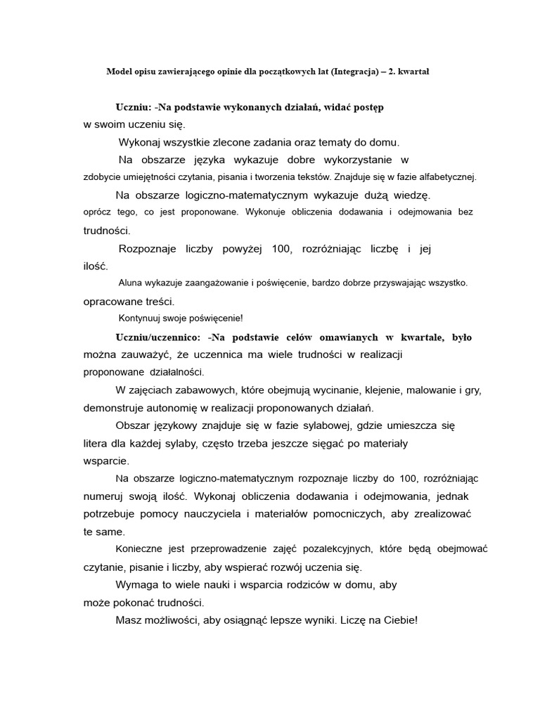 Opisowa Opinia Szkolna | PDF