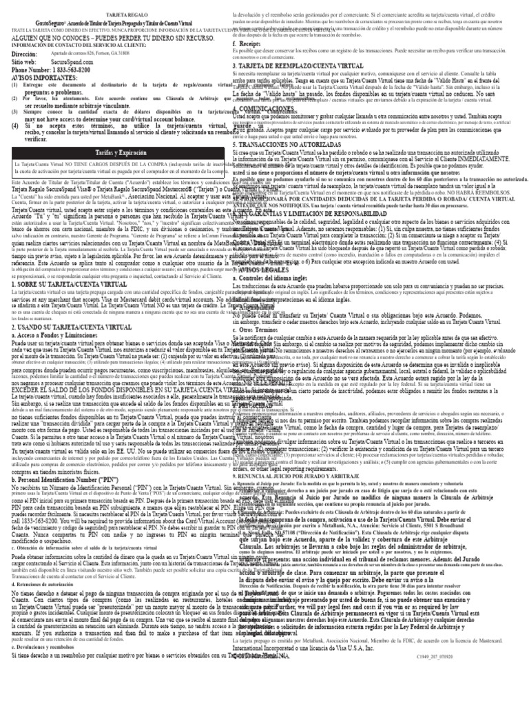 SecureSpend Visa MC MetaBank CHA | PDF | Número de identificación ...