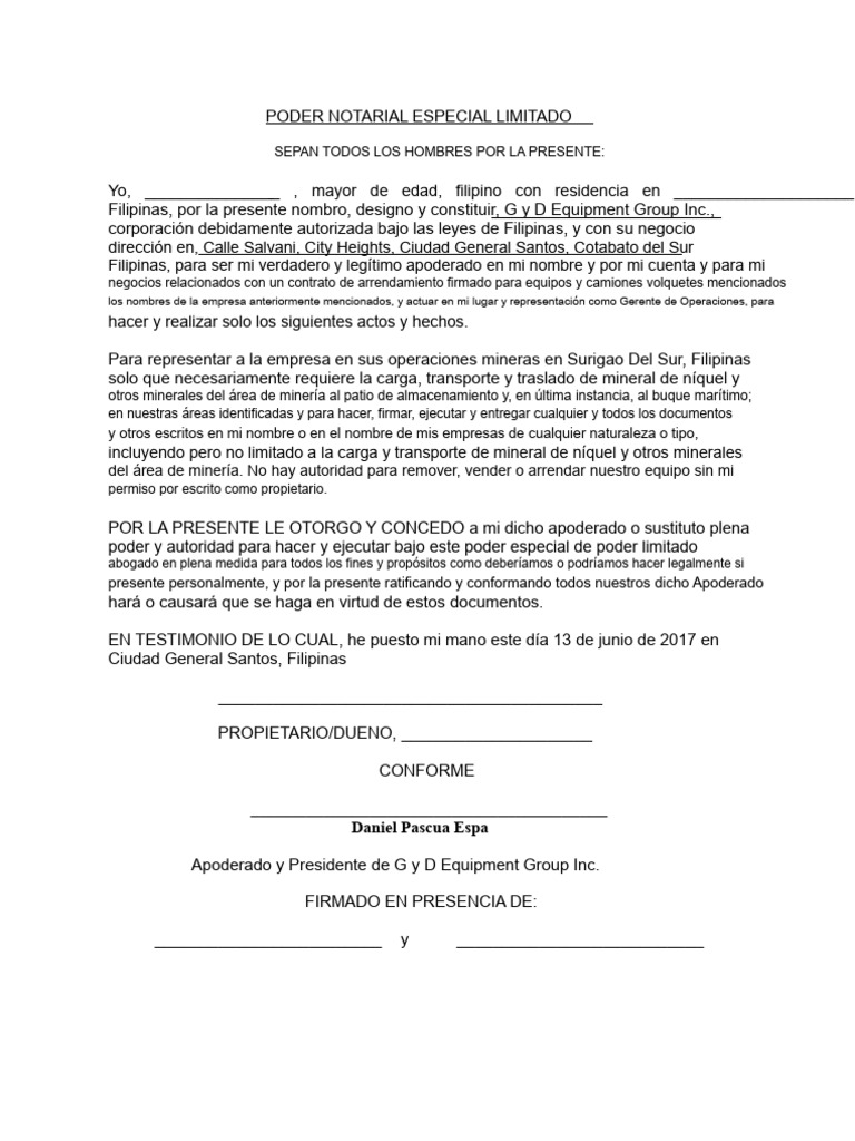 PODER NOTARIAL ESPECIAL Ejemplo | PDF